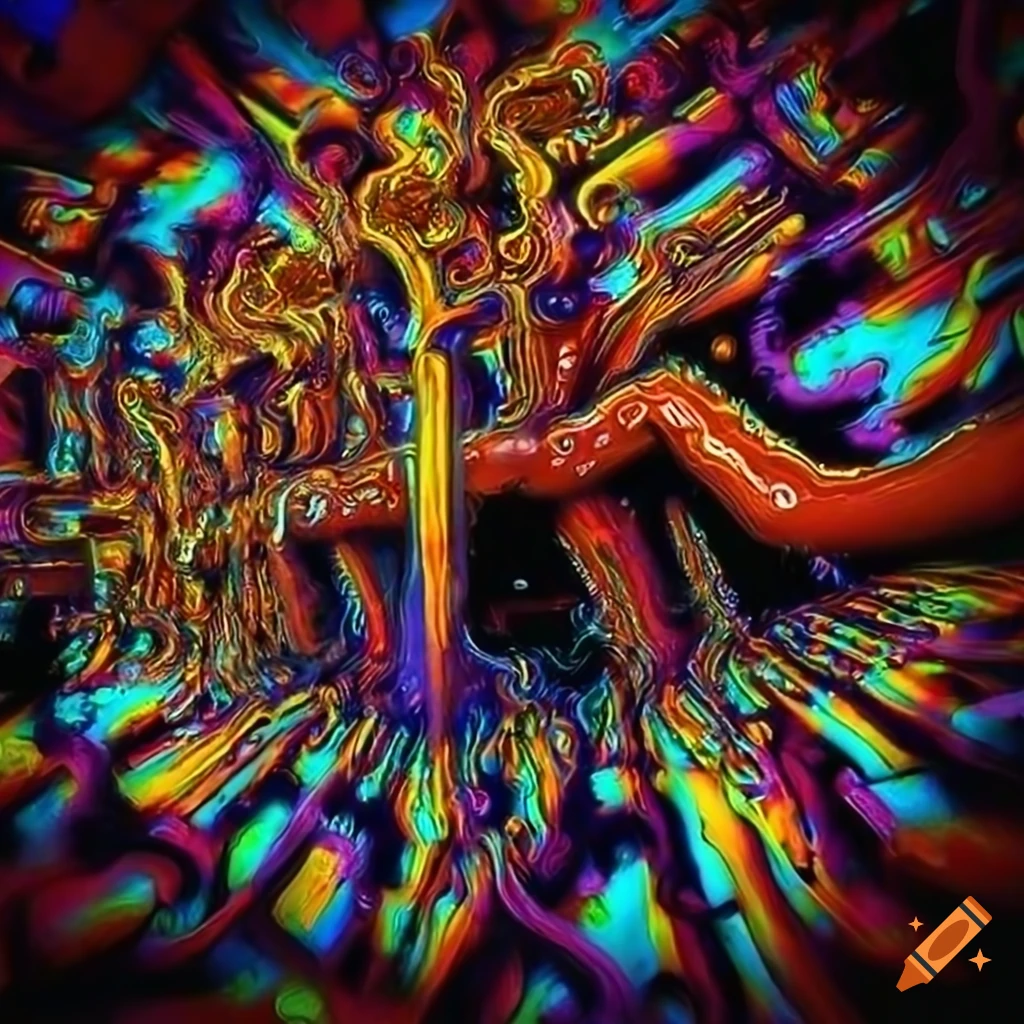 Psychedelic alien tree in tube art style with tropical plants in retro ...