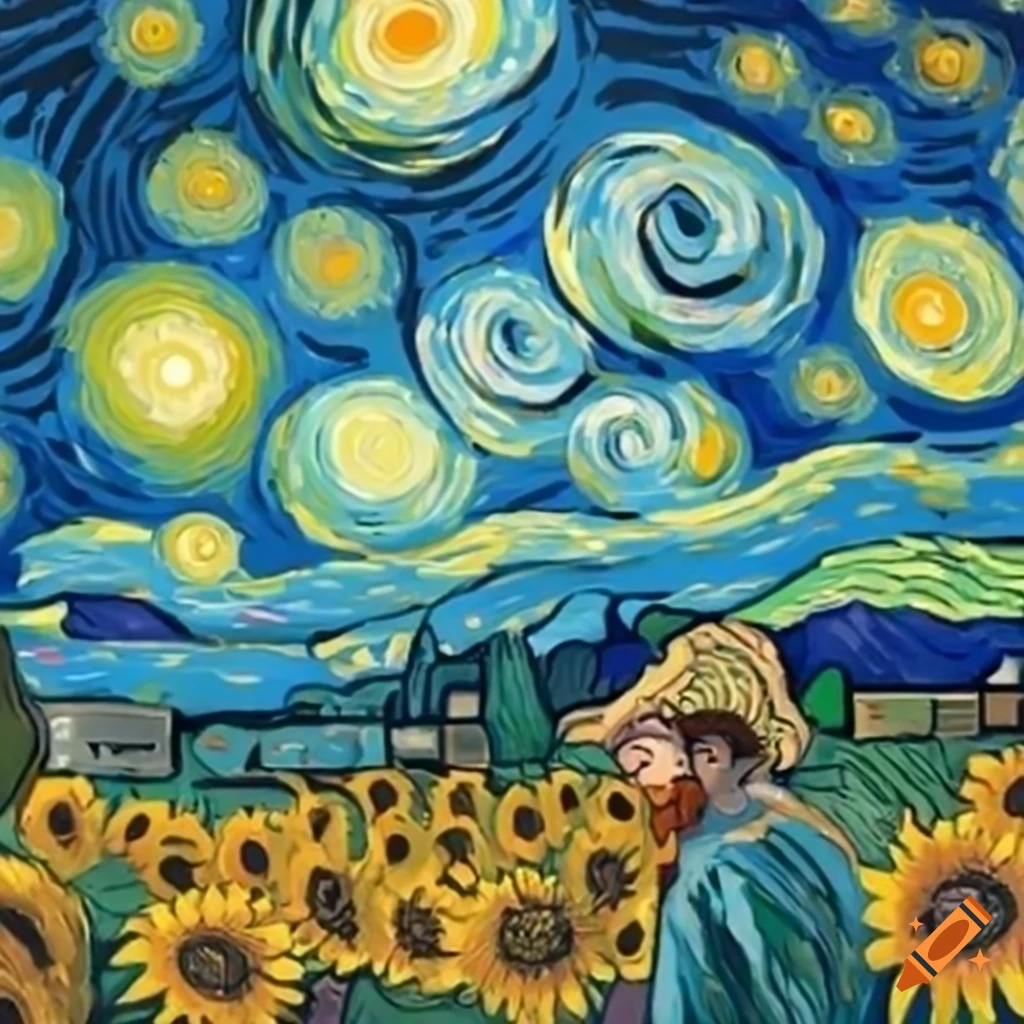 Starry night artwork in a sunflower garden inspired by van gogh on Craiyon