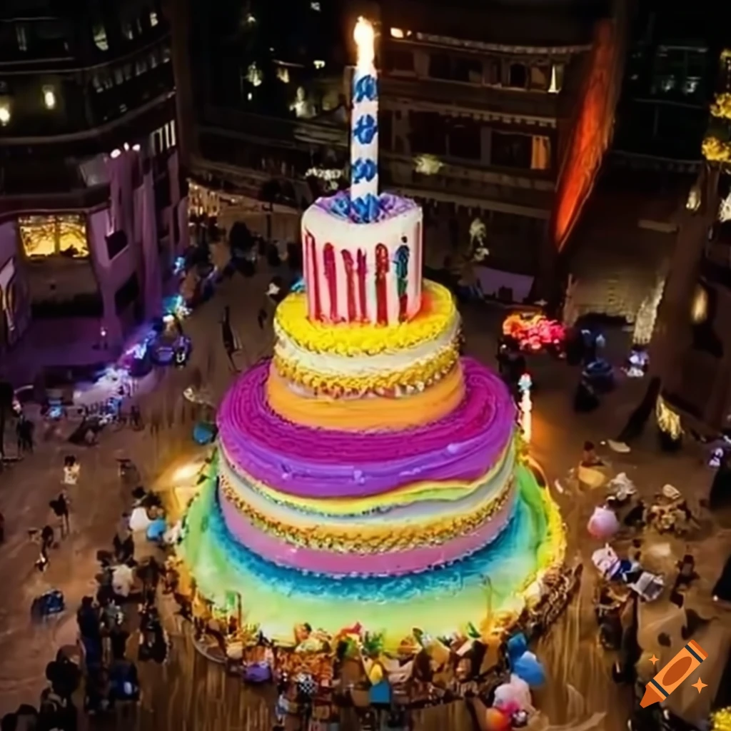 Giant colorful birthday cake in the center of a metropolitan town on ...