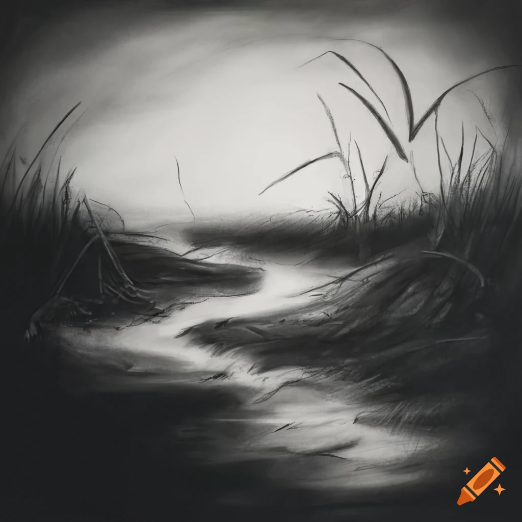 Grass and mud depicted in charcoal drawing in black and white on Craiyon