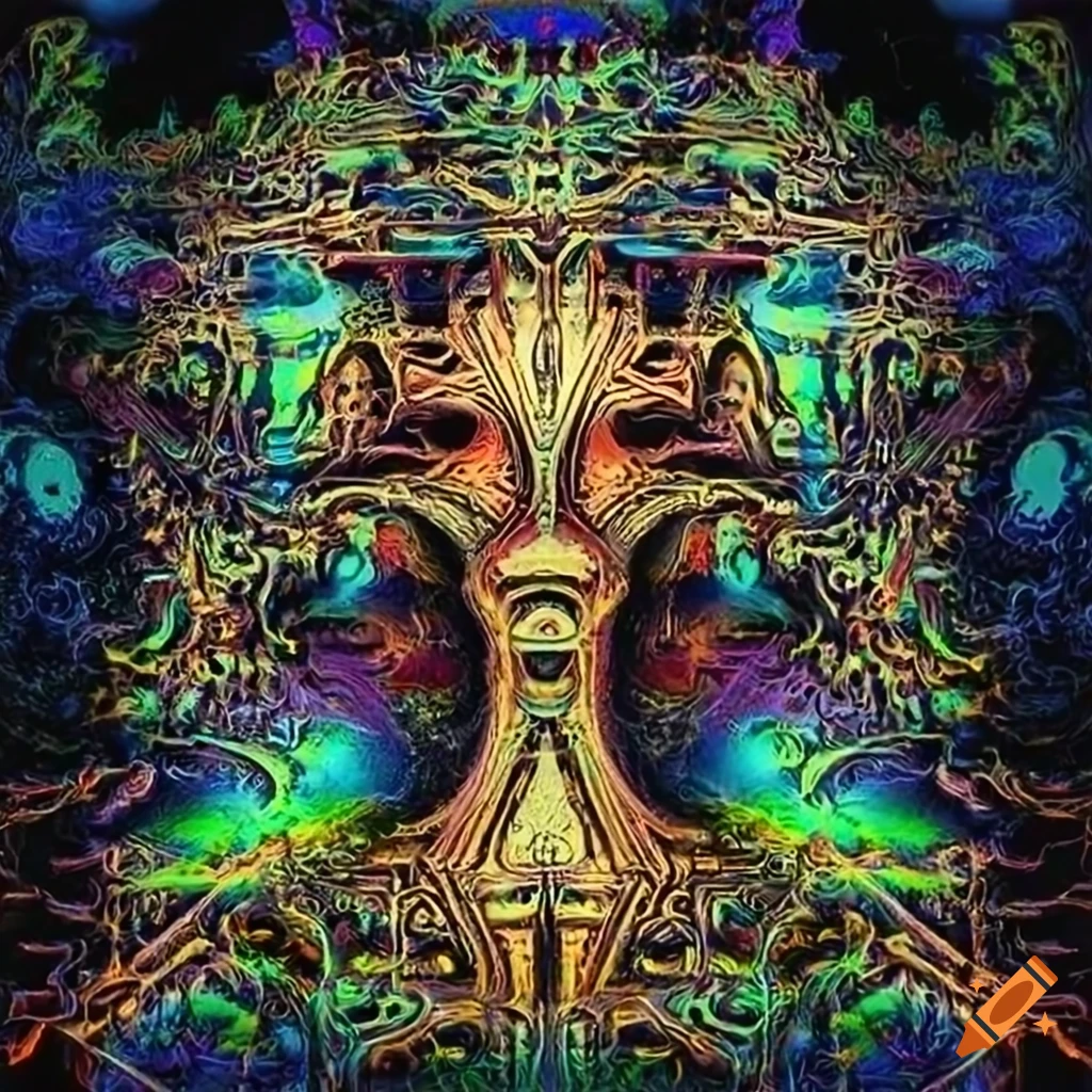 Psychedelic alien tree in tube art style with tropical plants in retro-futuristic setting on Craiyon