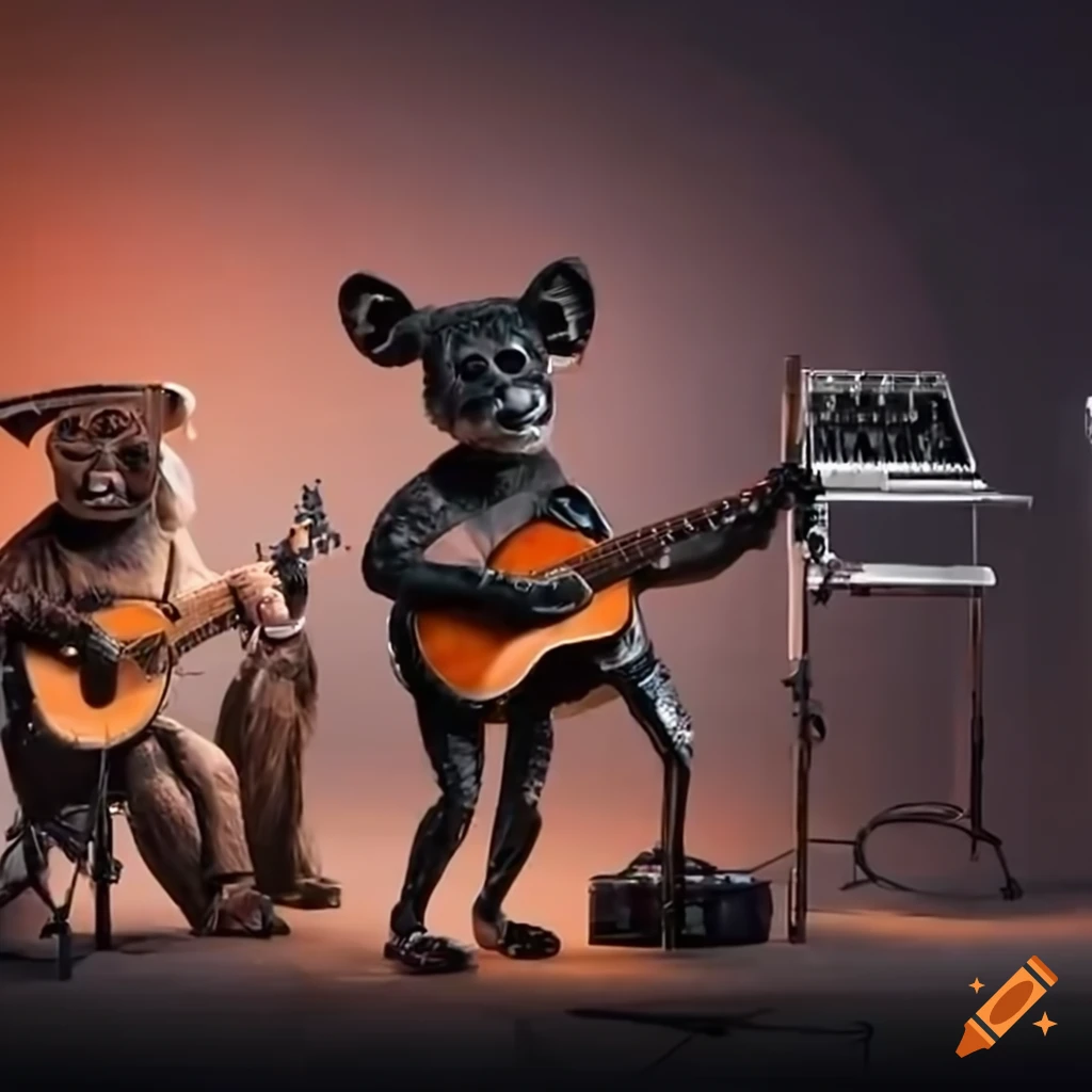 Animatronic animals trio playing guitars, drums, and piano on stage on ...