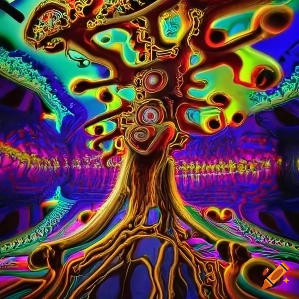 Psychedelic alien tree in tube art style with tropical plants in retro futurism on Craiyon