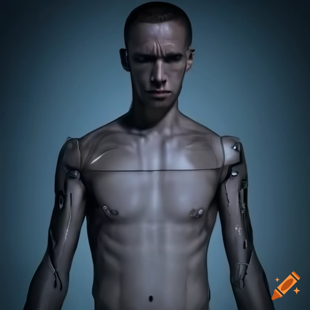 Futuristic skinny male cyborg with exposed electronic components ...