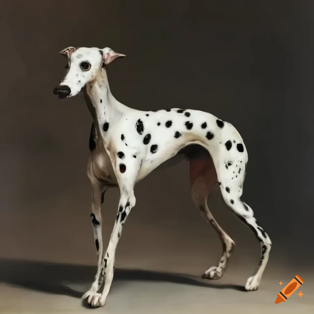 Spotted black and white greyhound standing in old masters style on Craiyon