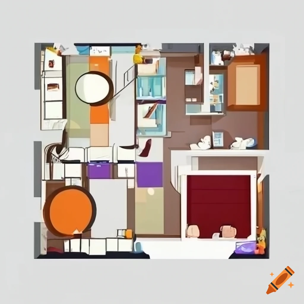 Floor plan featuring research, cafe, shop, and interactive spaces on Craiyon