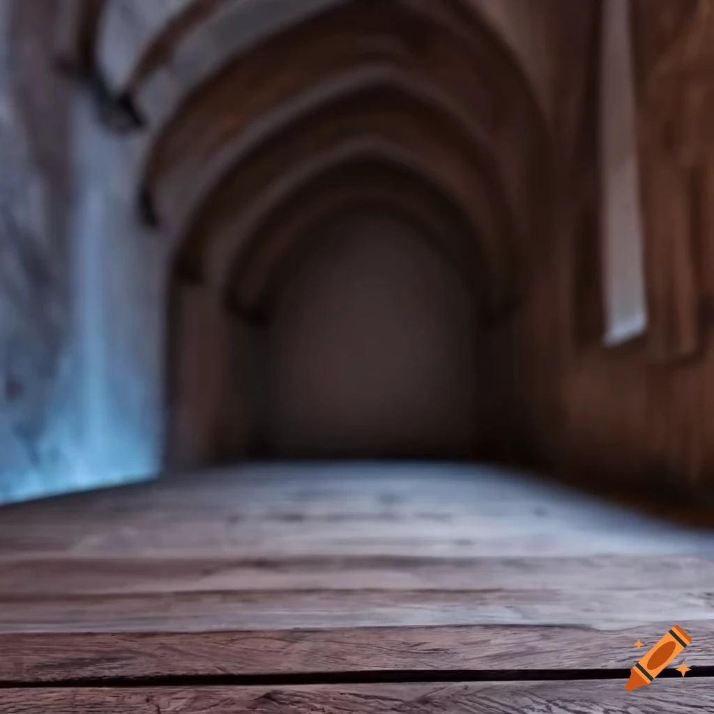 Dagger stuck in a dusty wood table in a medieval setting on Craiyon