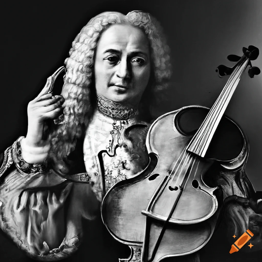 Intricately designed graphic of composer antonio vivaldi with a violin ...