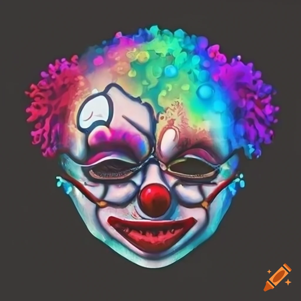 Colorful rainbow holographic clown wearing a surgical mask in a ...