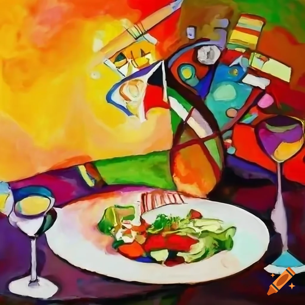 Colorful Kandinsky painting of lunch in a grand cafe with wine, salad ...