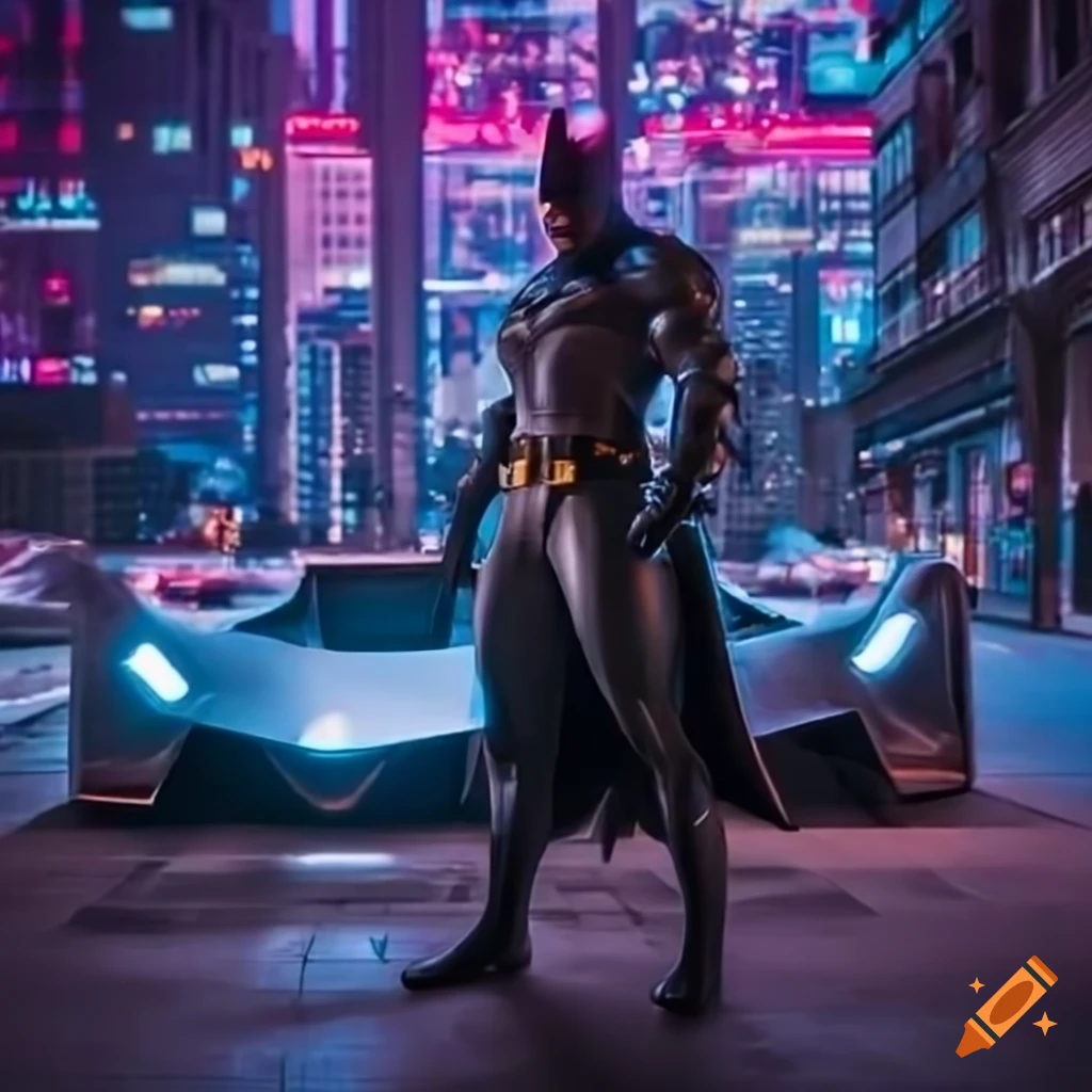 Batman next to the Batmobile in a neon cityscape at night on Craiyon