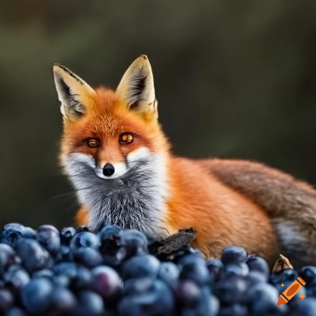 Fox laying in a pile of blueberries with tail sticking out on Craiyon