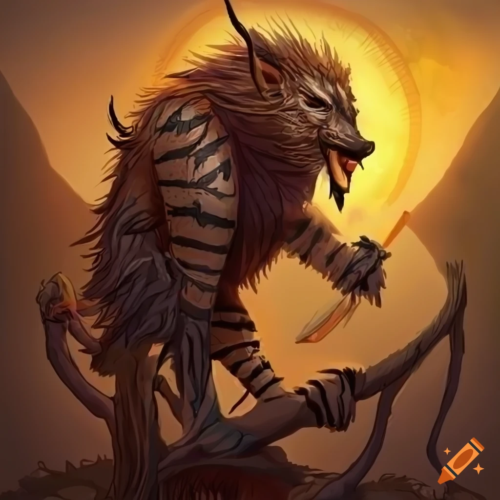 Striped beast prowling the plains in a fantasy art style on Craiyon