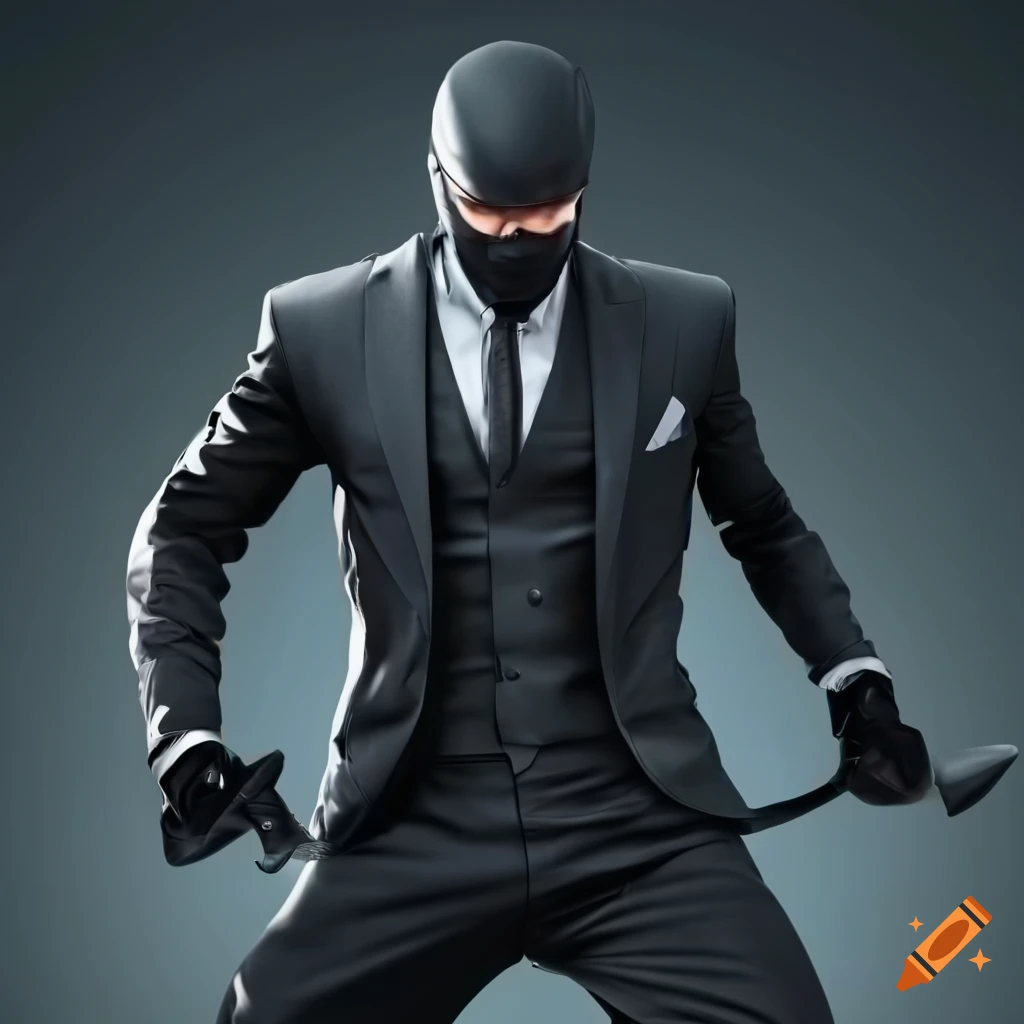 Man in a business suit with elements of ninja stealth outfit in combat ...