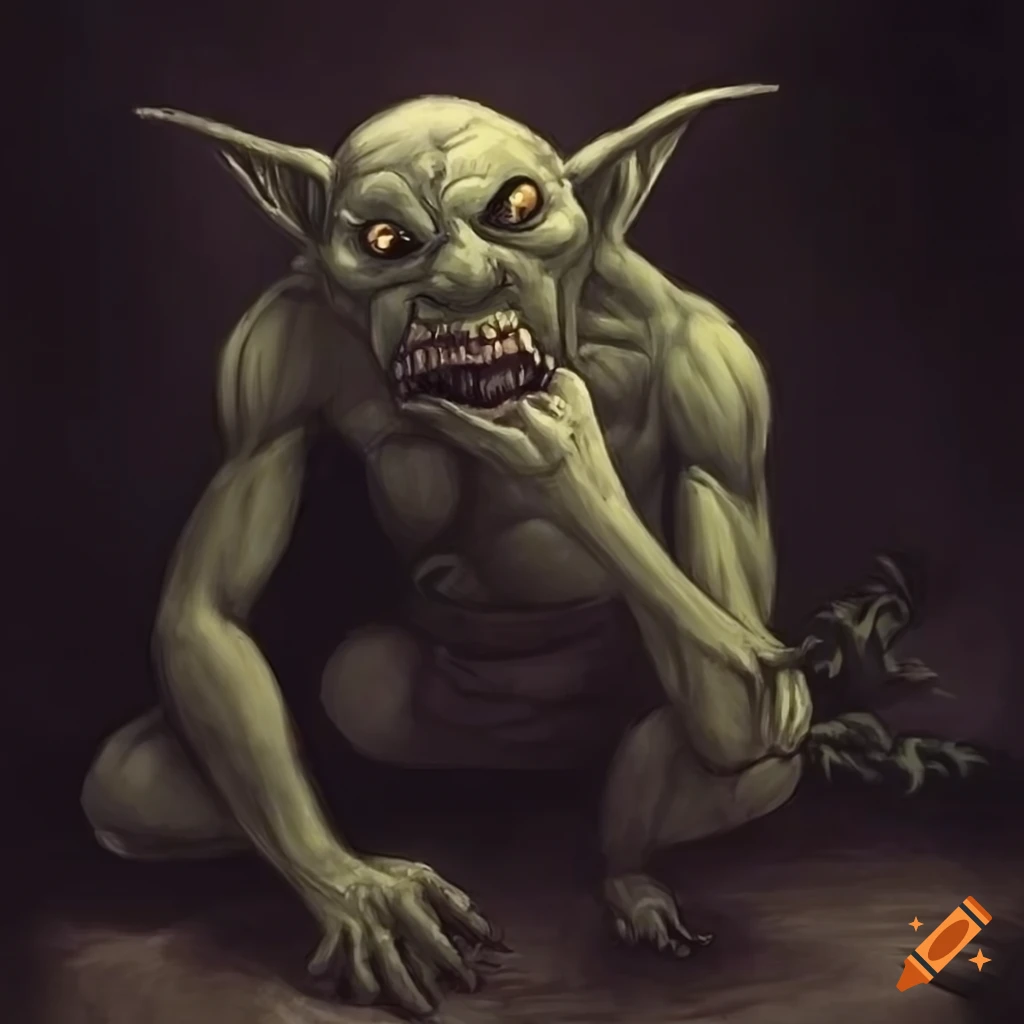 Scary humanoid goblin eating green plants in a storybook pencil art on ...