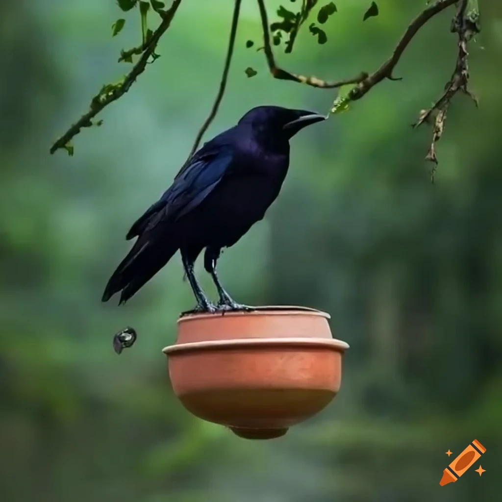 Crow drinking water from a hanging pot on a tree on Craiyon