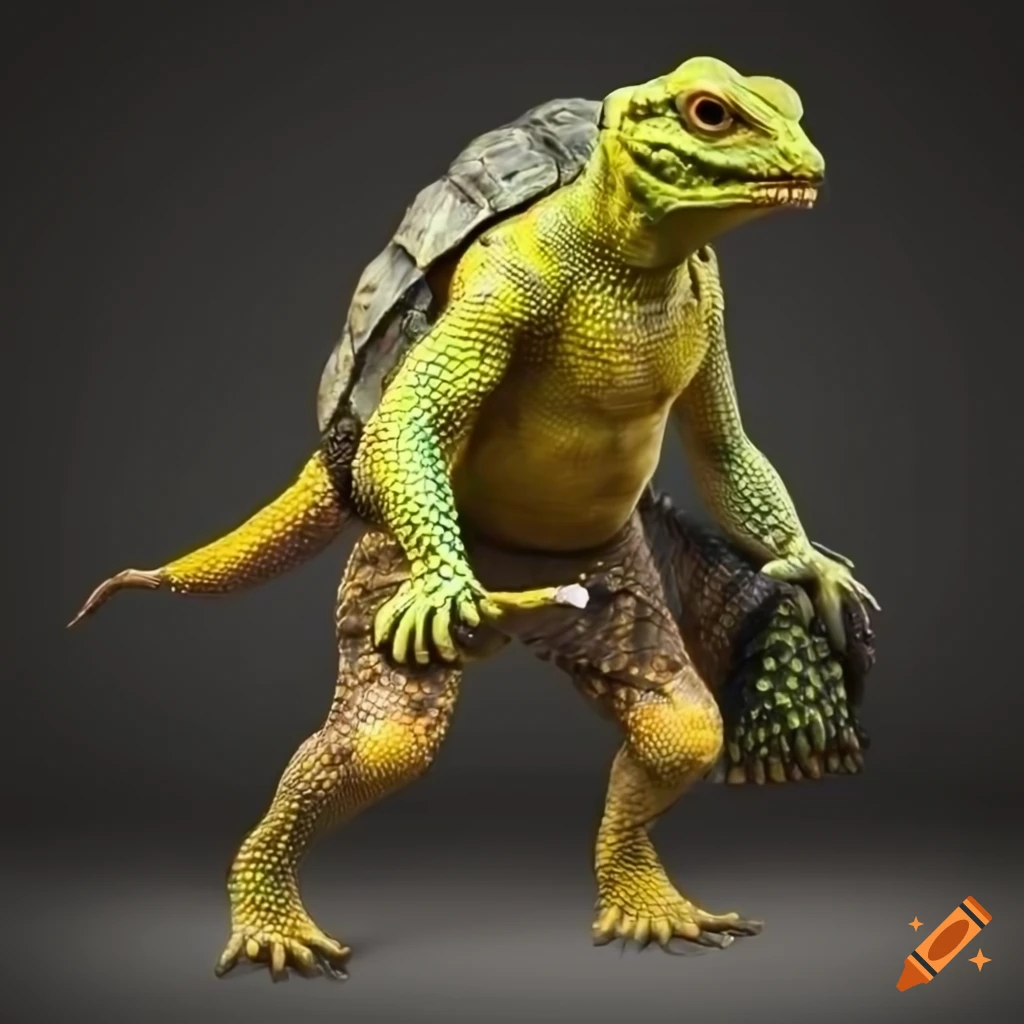 Anthropomorphic lizard foot soldier with vibrant yellow skin and turtle ...