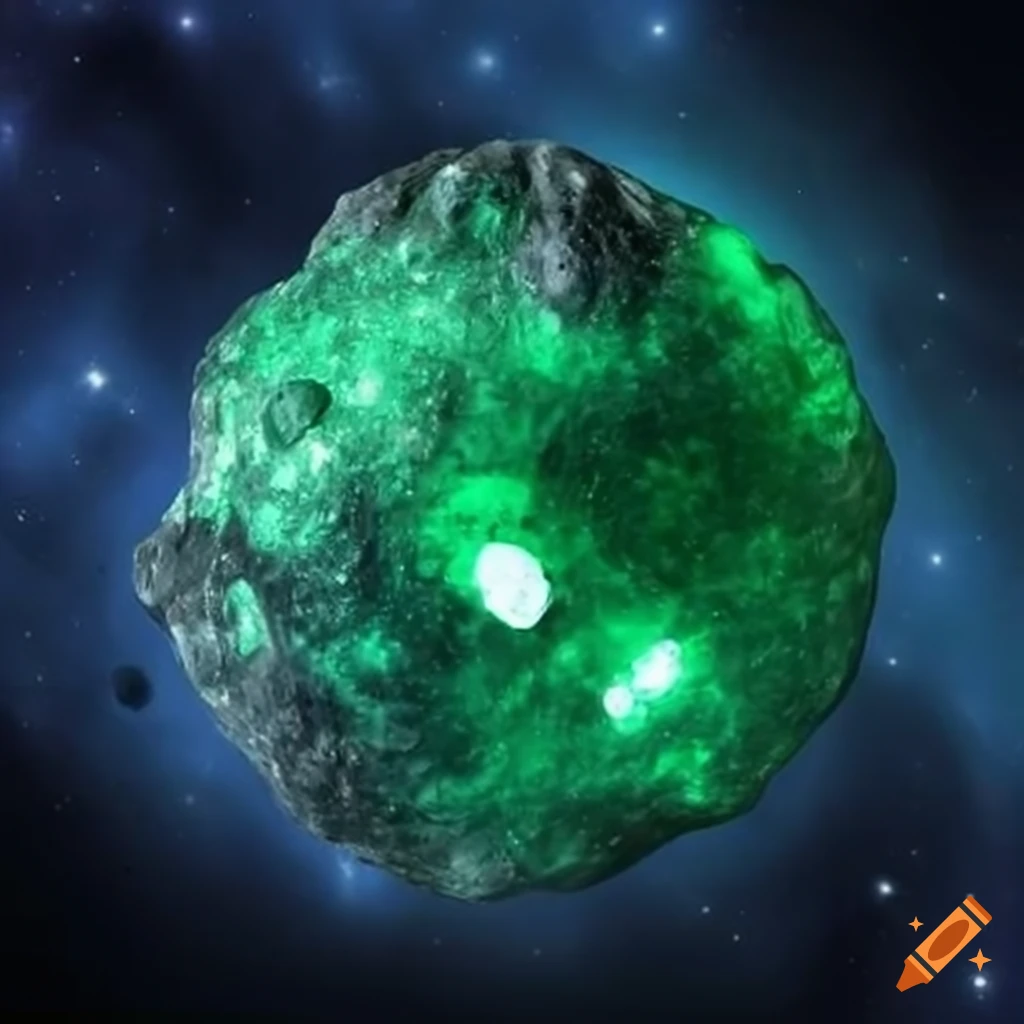 Asteroid in space with green crystal inside on Craiyon