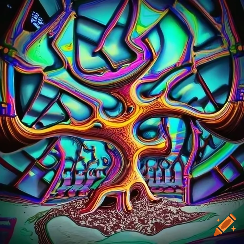 Psychedelic alien tree in tube art style with detailed technical ...