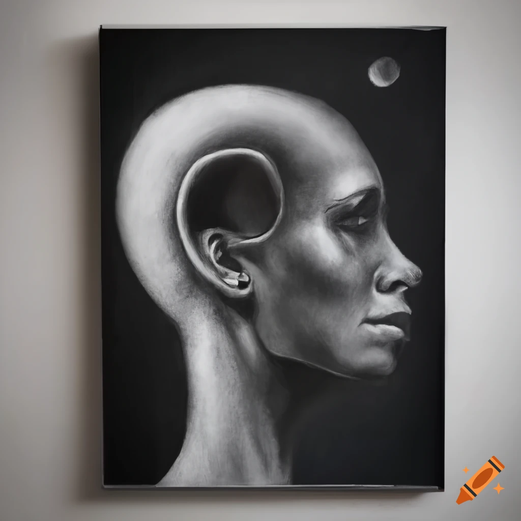Human head with unusual ear holes in black and white charcoal on Craiyon