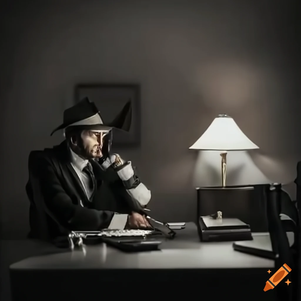 Dedicated detective solving a crime at his desk on Craiyon