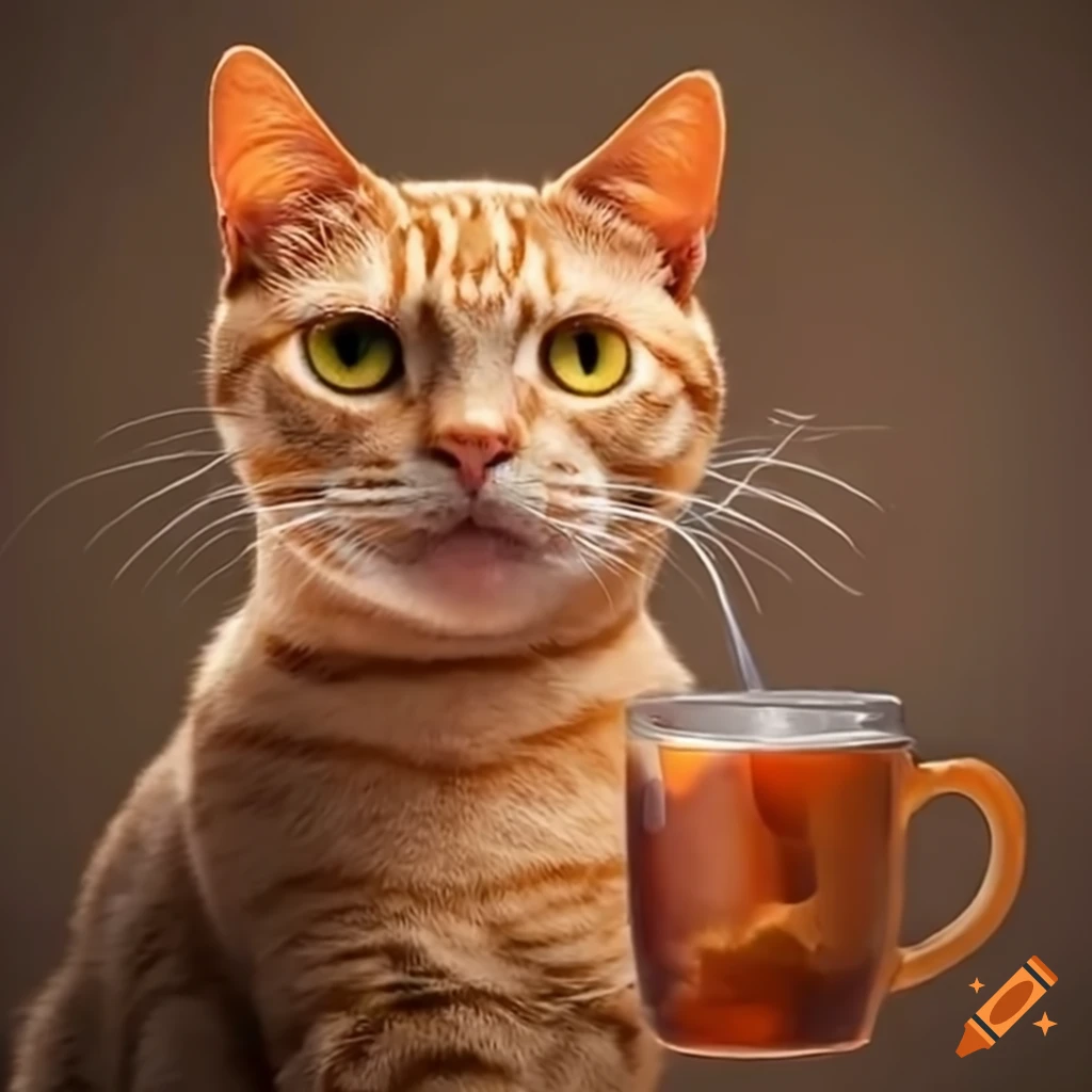 Amused orange tabby cat drinking from an iced tea cup on Craiyon