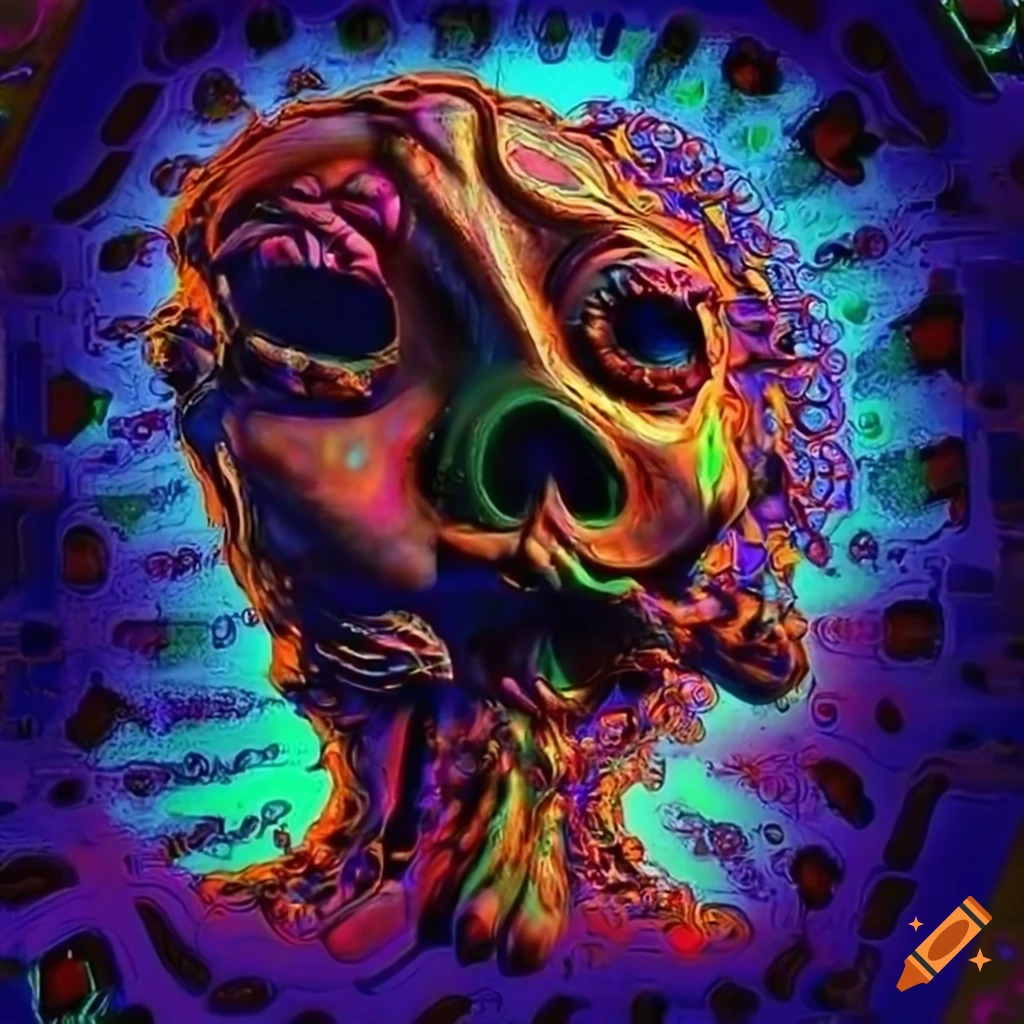 Psychedelic alien tree in tube art style with tropical plants in retro ...