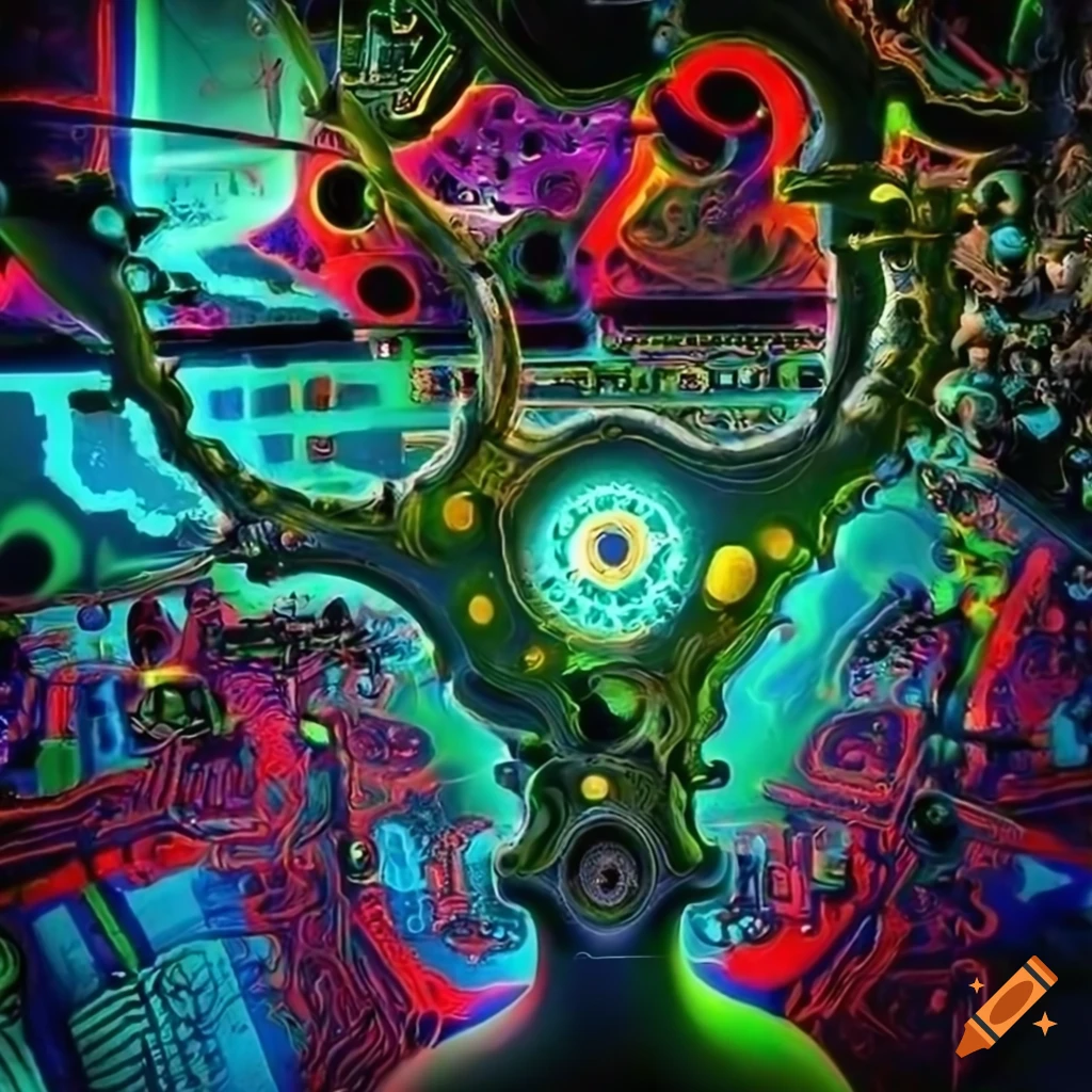 Psychedelic alien tree in tube art style with tropical plants in retro ...