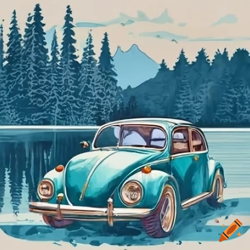 Vintage vw beetle traveling through forest, mountains, and lake on Craiyon
