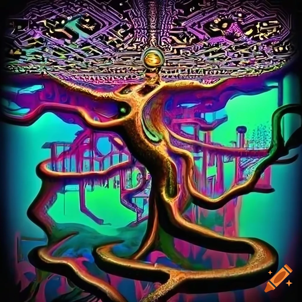 Psychedelic alien tree in electronic circuit board art style with tropical plants on Craiyon