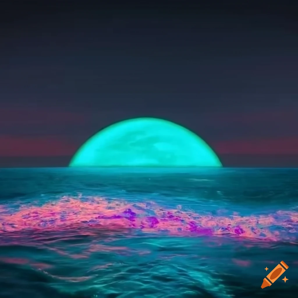 Sunset over tropical ocean on an alien planet with vibrant colors and ...