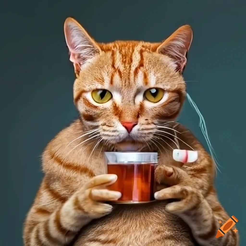 Orange tabby cat sipping iced tea with a poker face on Craiyon