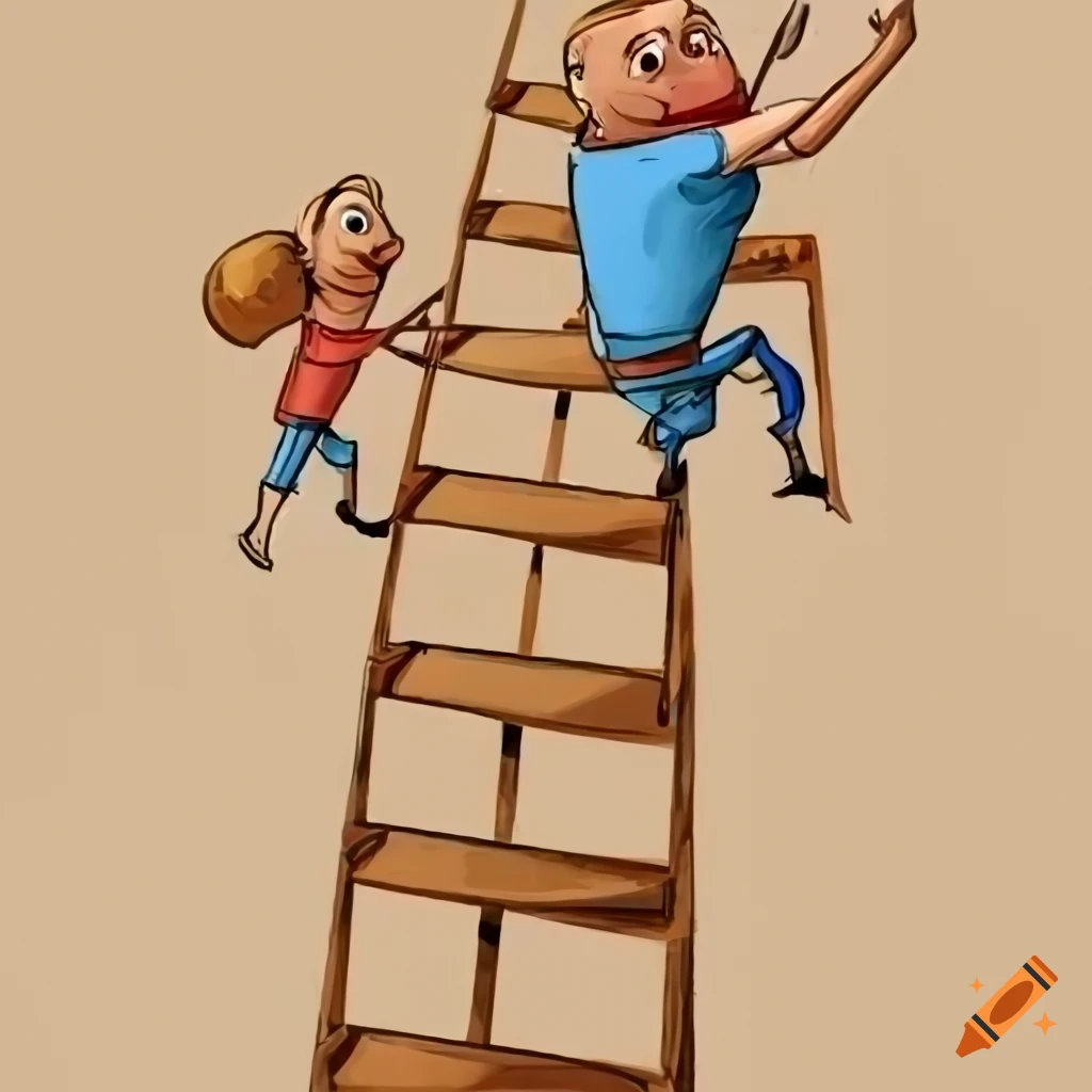 Cartoon climbing a wooden ladder on Craiyon