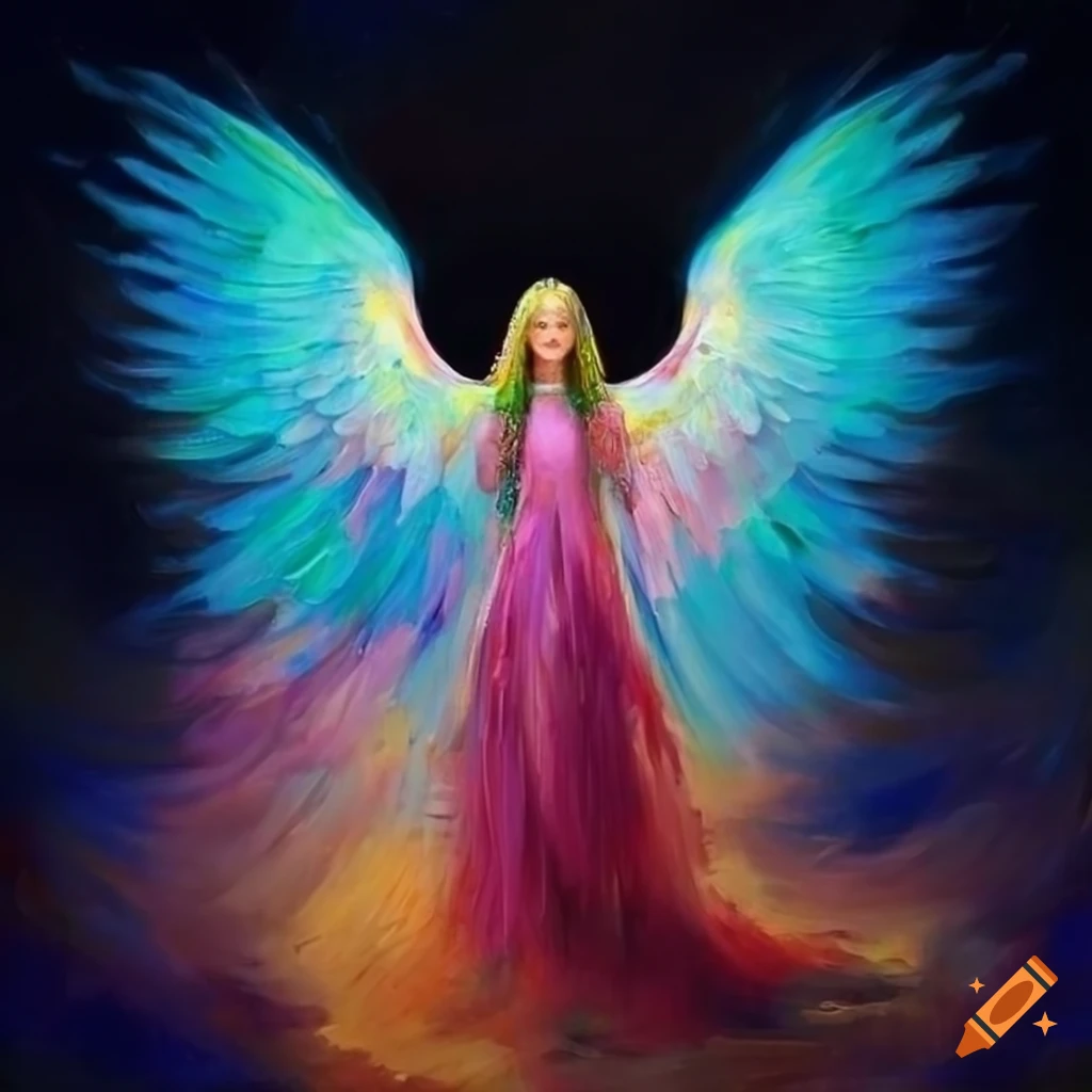 Seraphic angel with iridescent rainbow wings in an oil painting on Craiyon