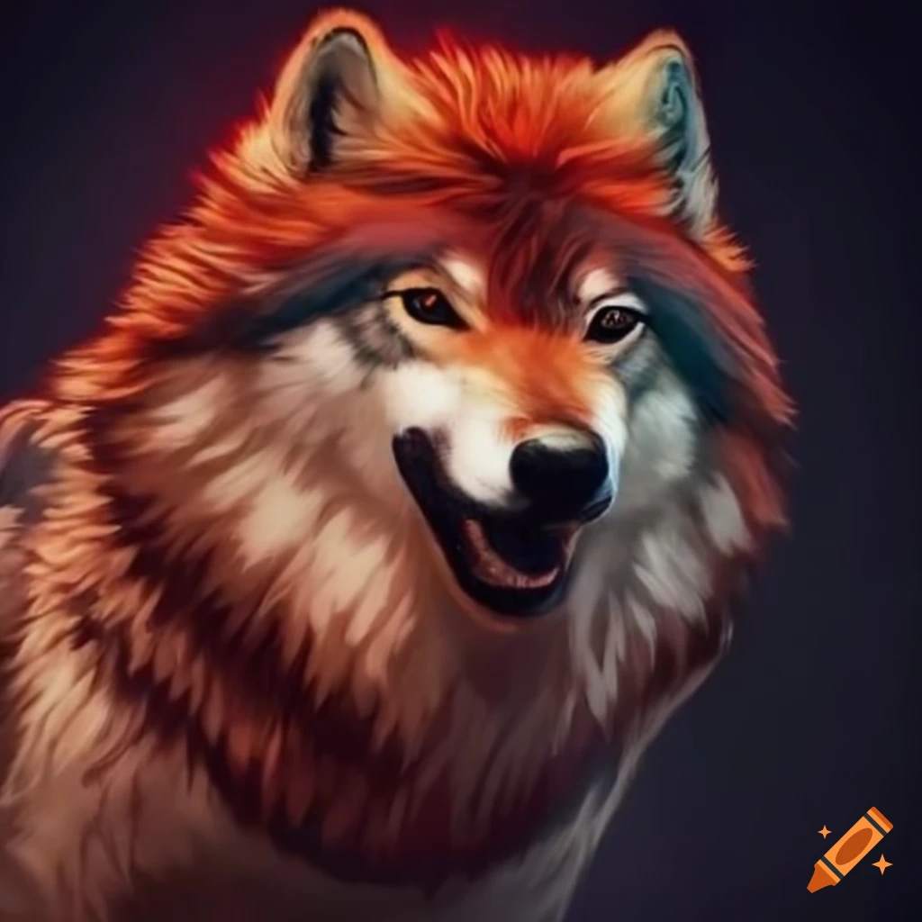 Fluffy wolf with red fur and tattoos on Craiyon
