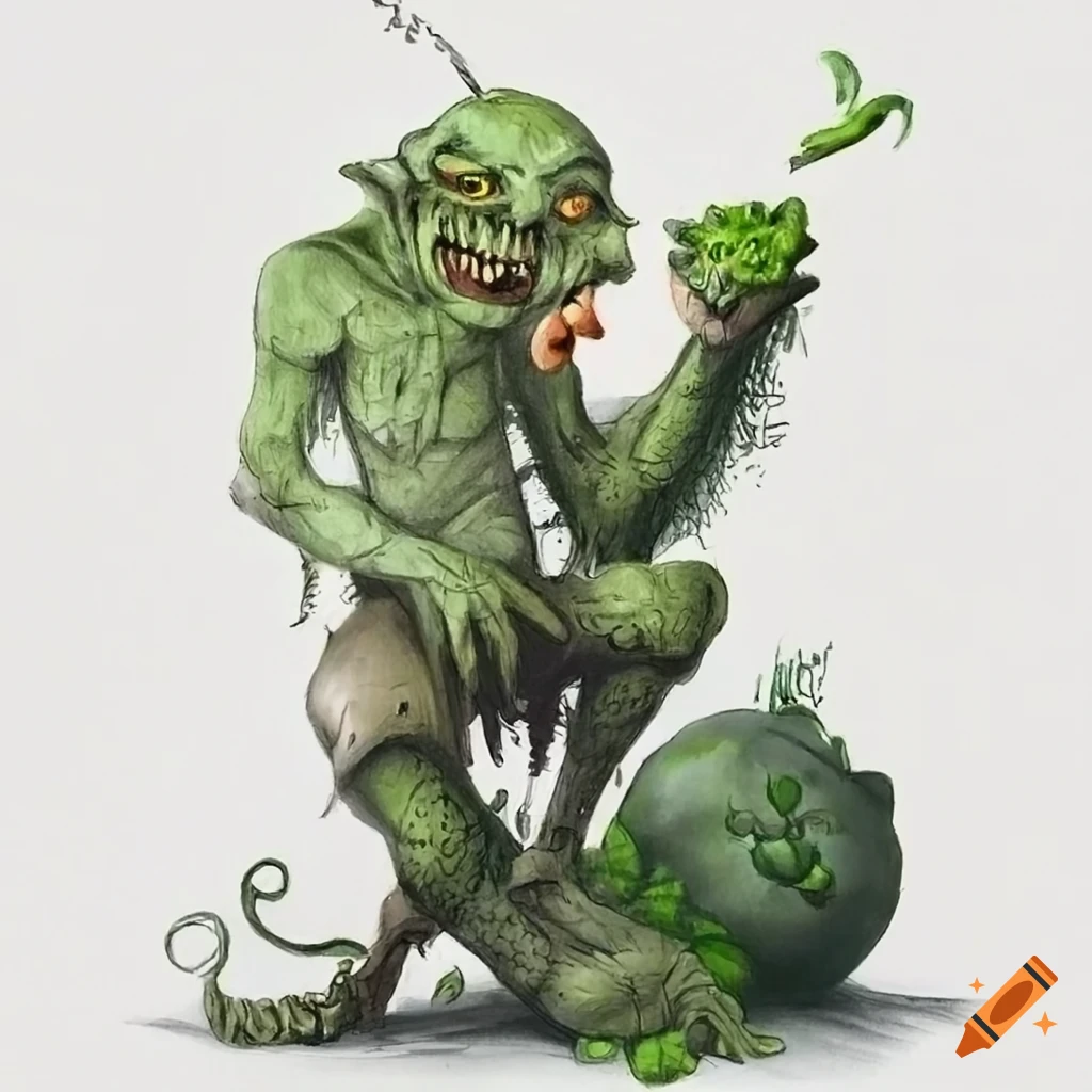 Scary goblin consuming green plants in pencil art on Craiyon