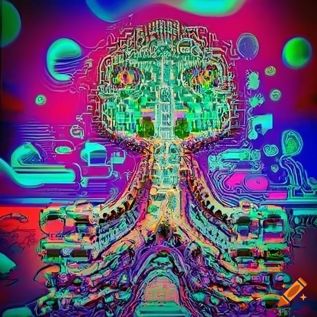 Psychedelic alien tree in tube art style with tropical plants in retro ...