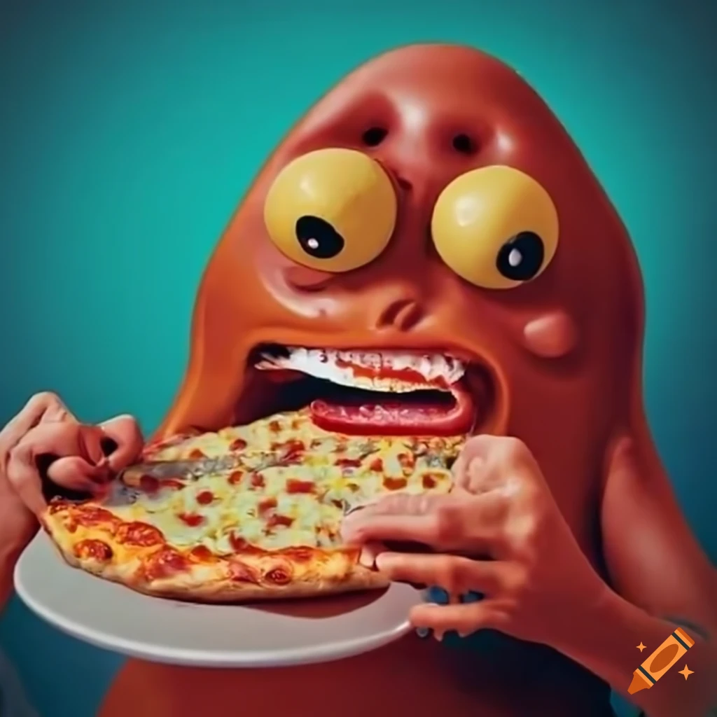 Blob eating pizza while watching a vintage movie on Craiyon