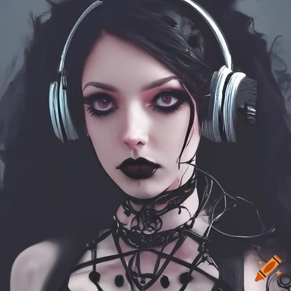Gothic girl listening to music with headphones on Craiyon