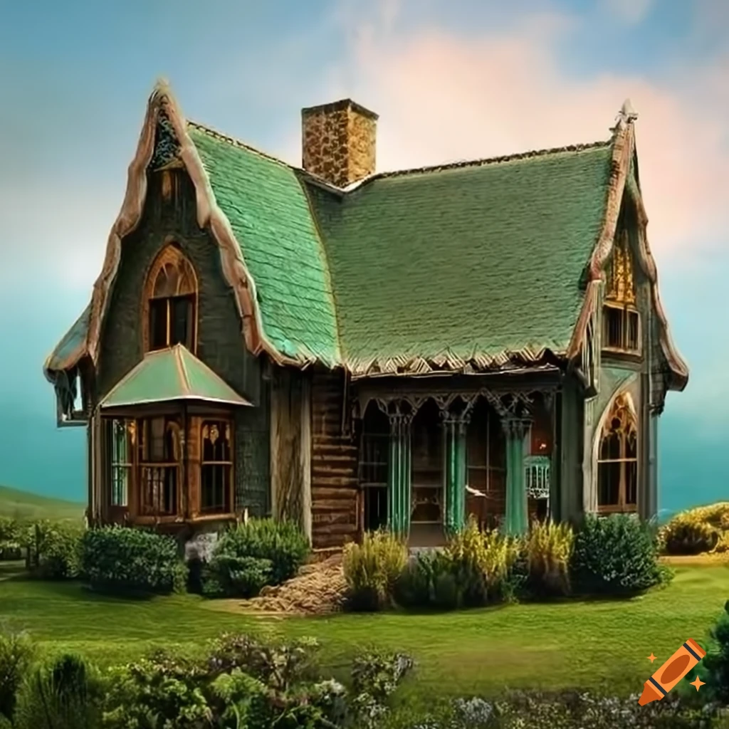 Carpenter Gothic cottage with intricate details and summer color ...