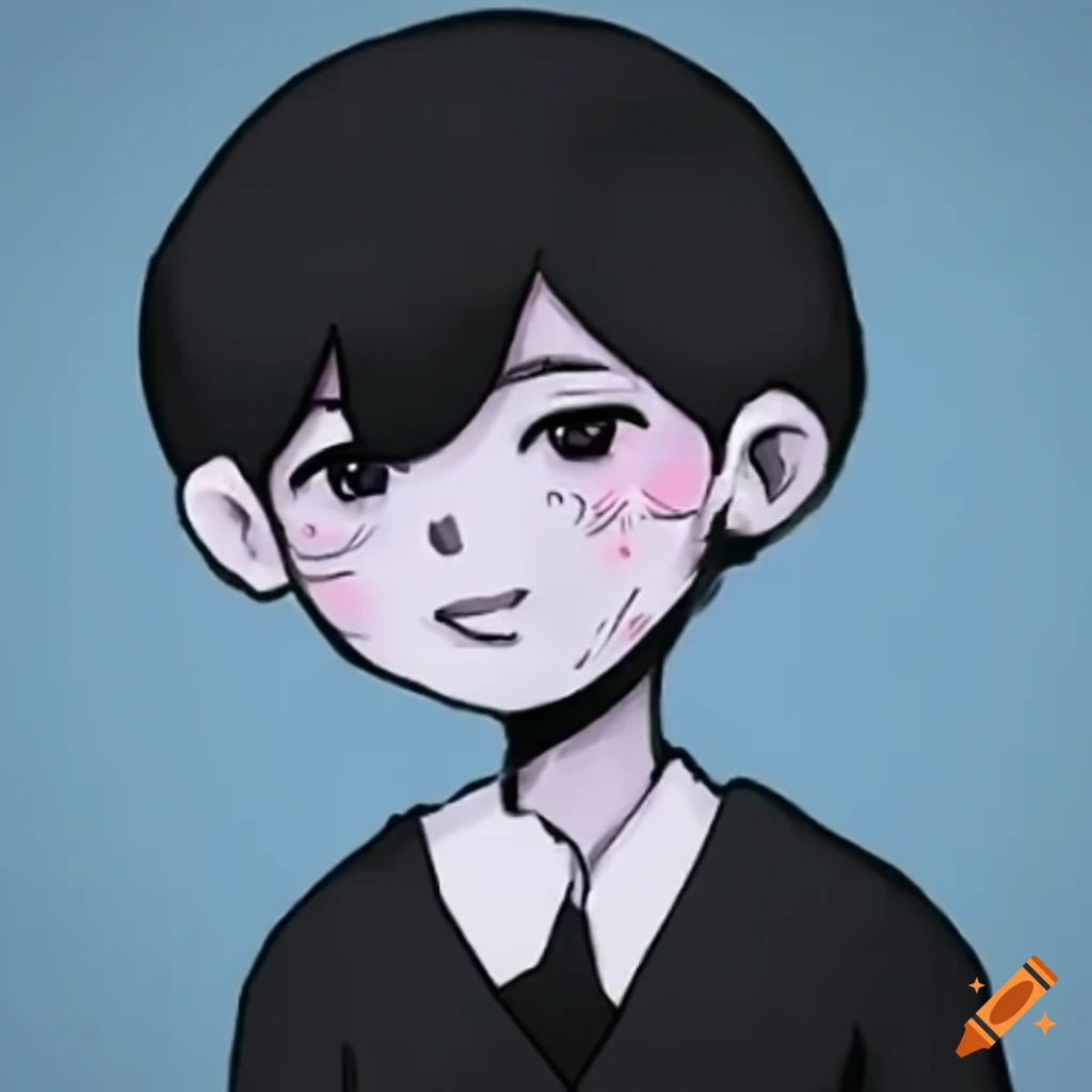 Omori with a fake smile looking straight at the viewer on Craiyon