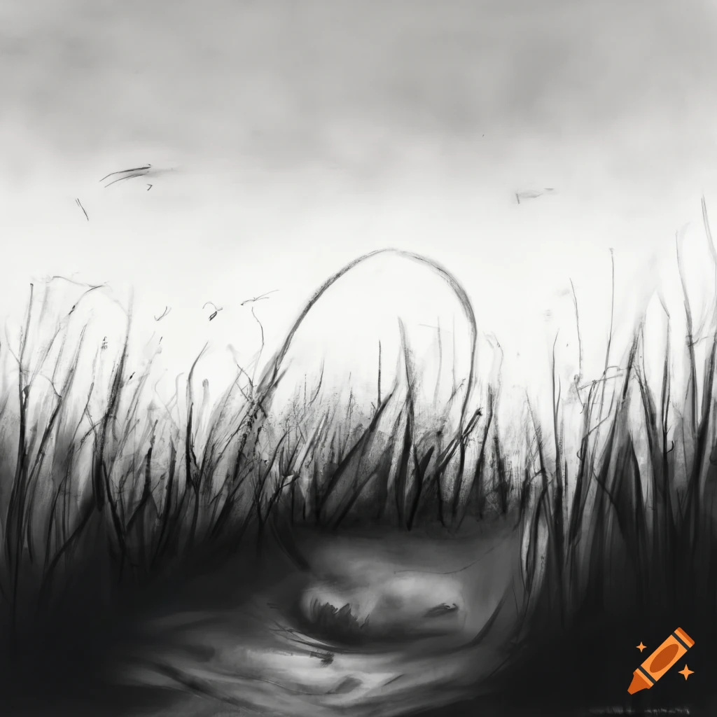 Grass and mud depicted in charcoal drawing in black and white on Craiyon