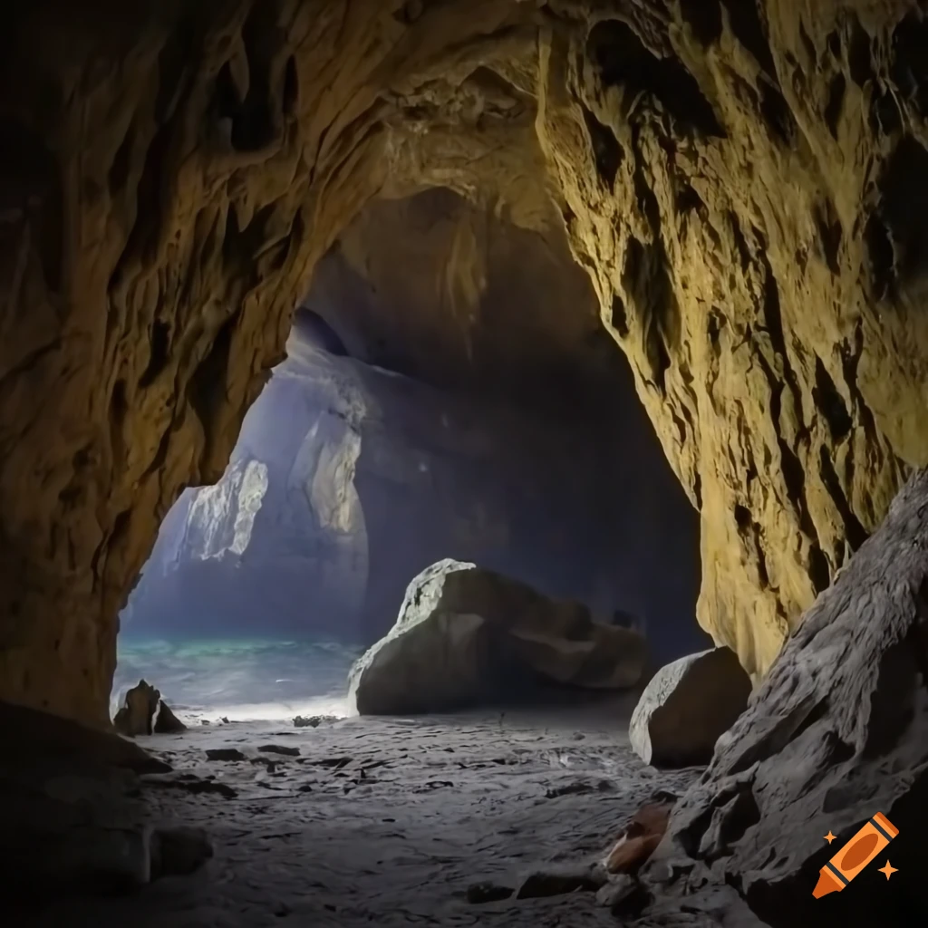 Cave entrance of a dragon cave made of rocks and rubble on Craiyon