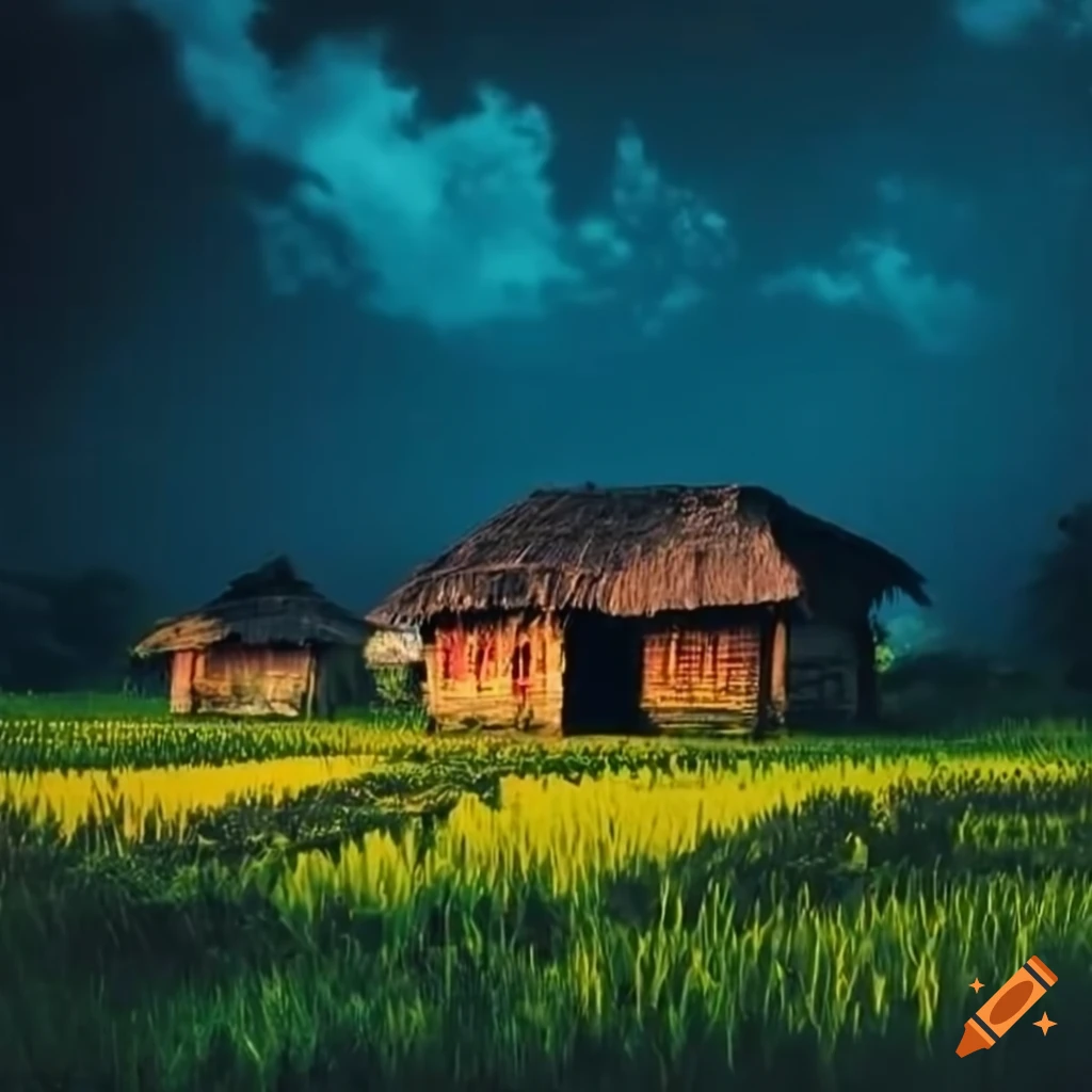 Traditional Bengali village huts surrounded by rice fields at night on ...