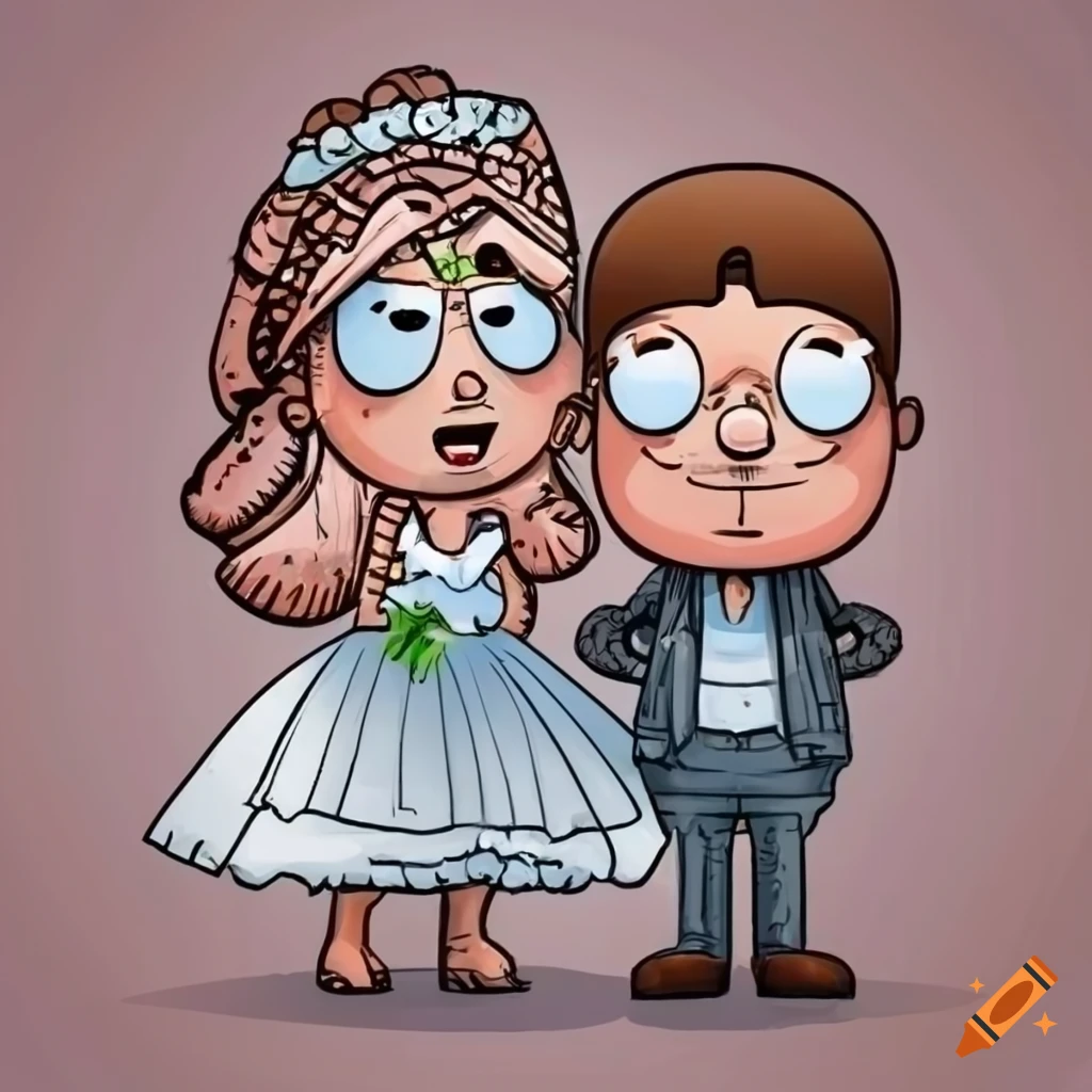 Colorful cartoon illustration of a bridal couple with a grumpy brother ...