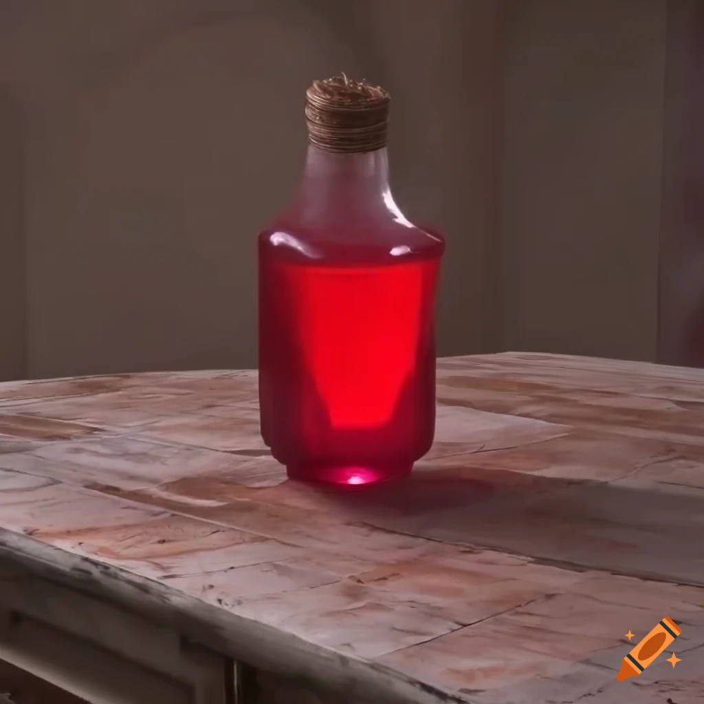 Red potion on a medieval table in a corridor on Craiyon