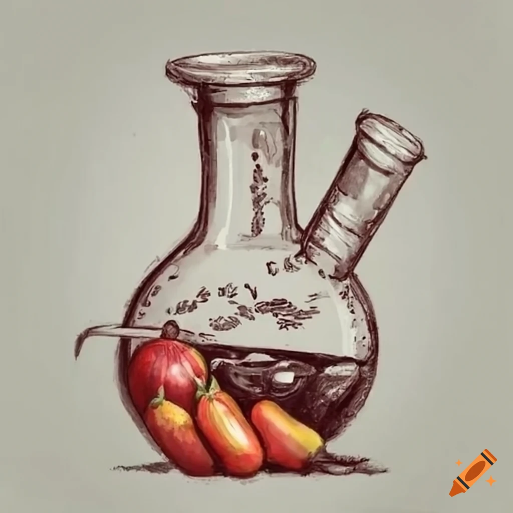 Alchemical flask filled with fruits and vegetables on Craiyon