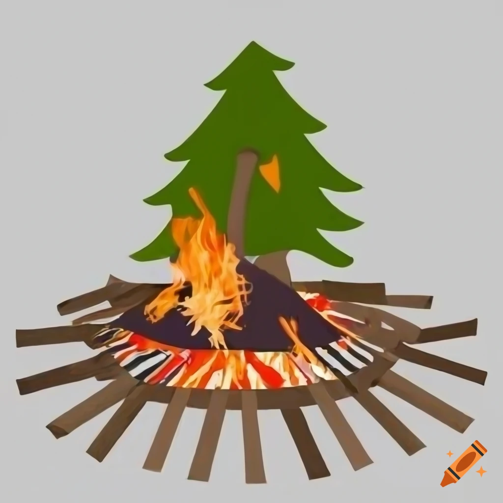 Two individuals by a green tree near a tall campfire flame on white ...