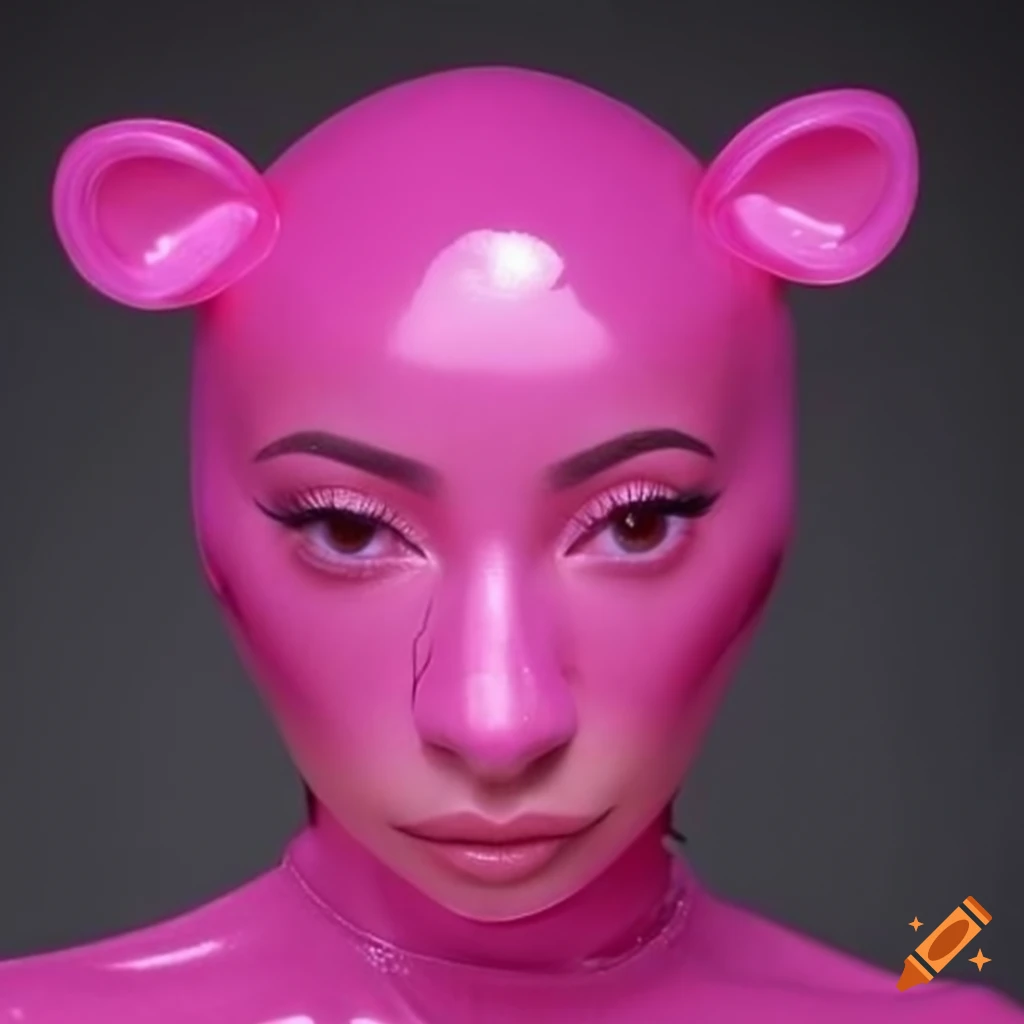 Pink transparent latex mask resembling kylie jenner with a pink panther ...