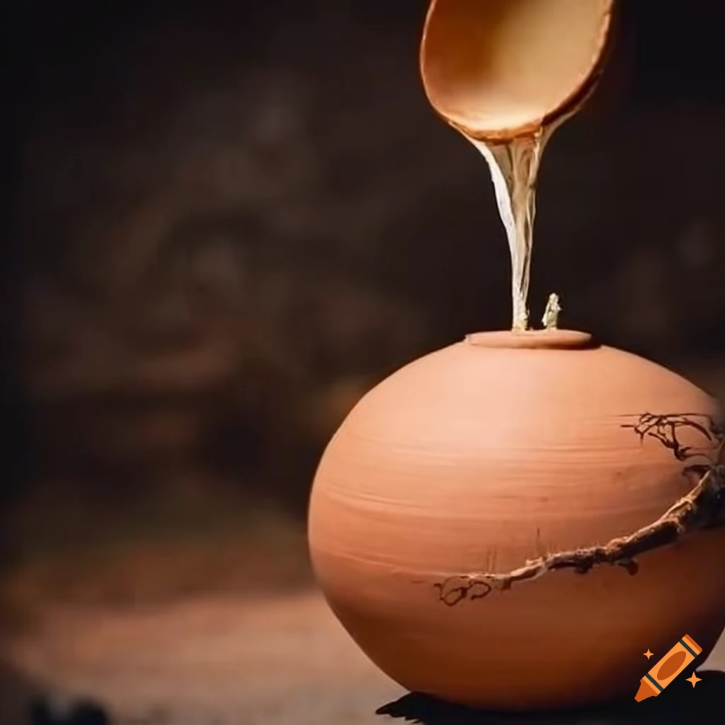 Pouring water into a clay pot with a dried gourd in botswana on Craiyon